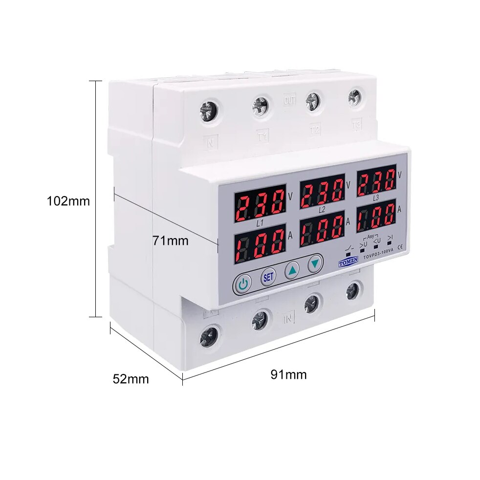 Releu de protectie tensiune digital trifazat, sina DIN 3P+N, protectie supra si subtensiune ...