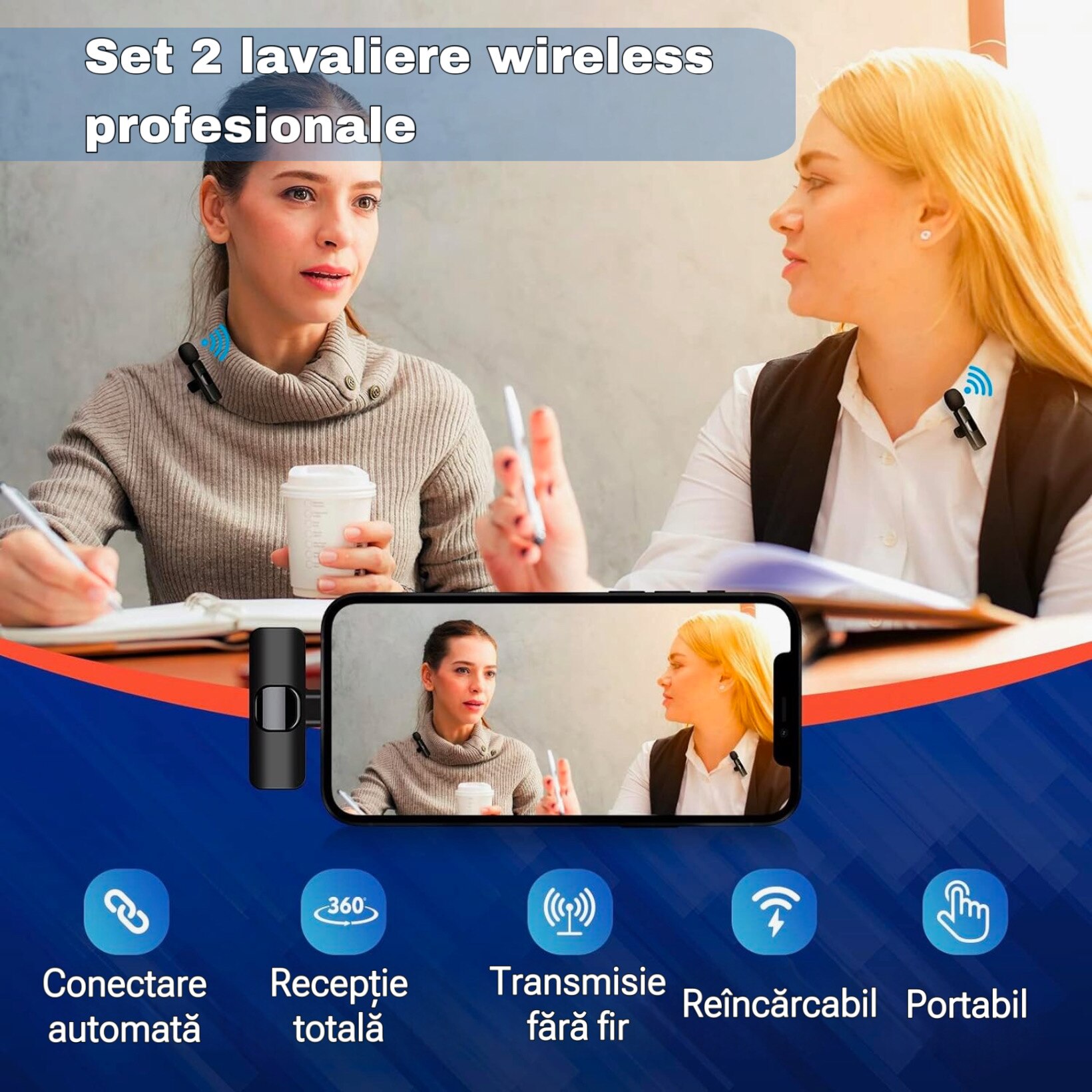 Set 2 Microfoane Wireless tip Lavaliera, Reducere zgomot, Transmisie 20 ...