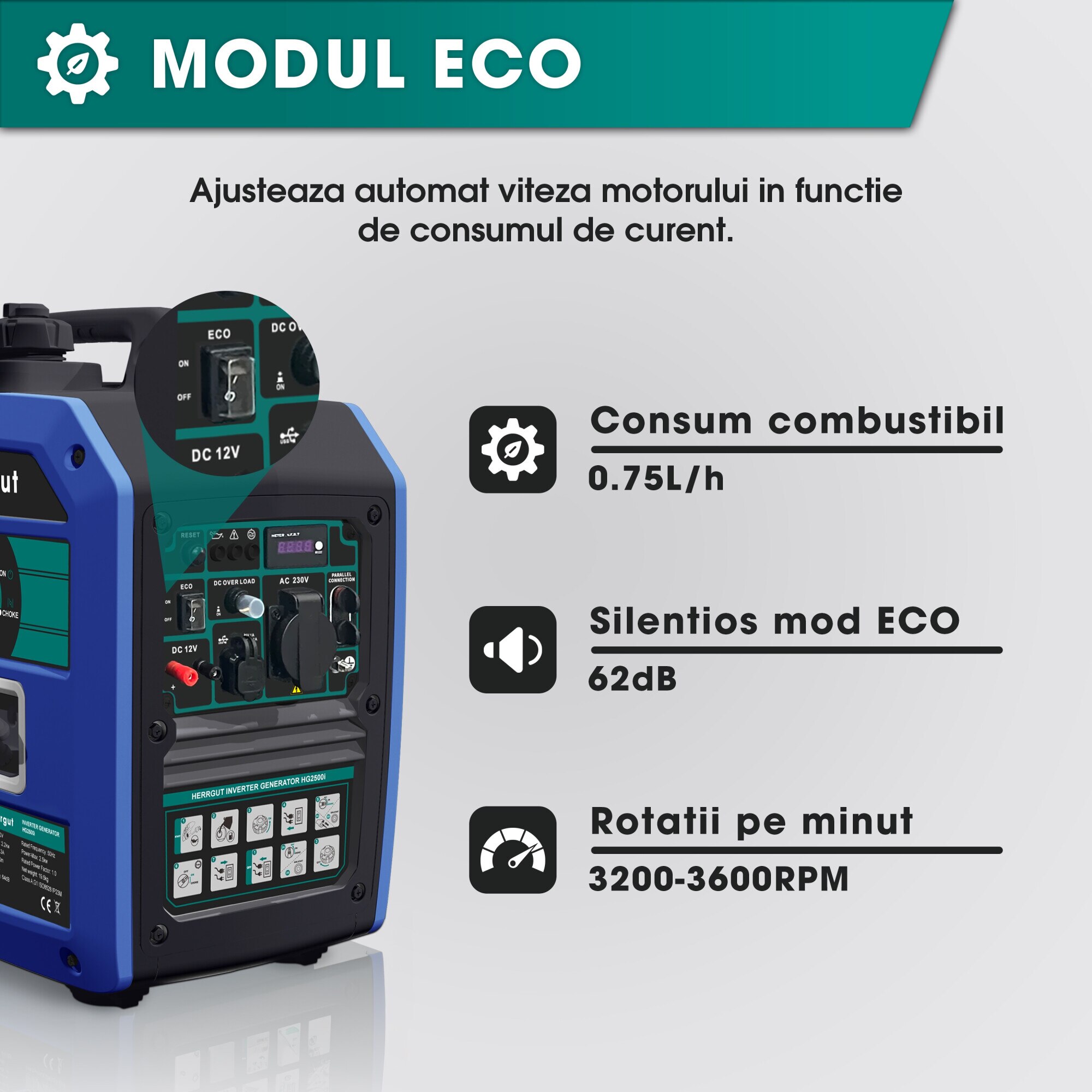 Generator curent electric cu invertor Herrgut HG2500i, 2500W, silentios ...