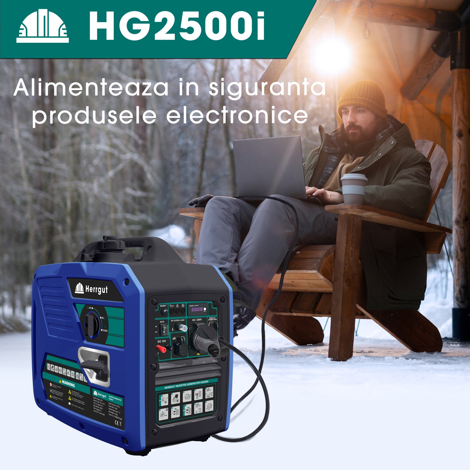 Generator curent electric cu invertor Herrgut HG2500i, 2500W, silentios ...