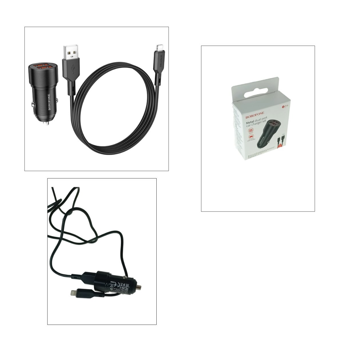 Borofone BZ-19 autós töltőkészlet, 12W, 2xUSB, 1M USB-villámkábellel ...