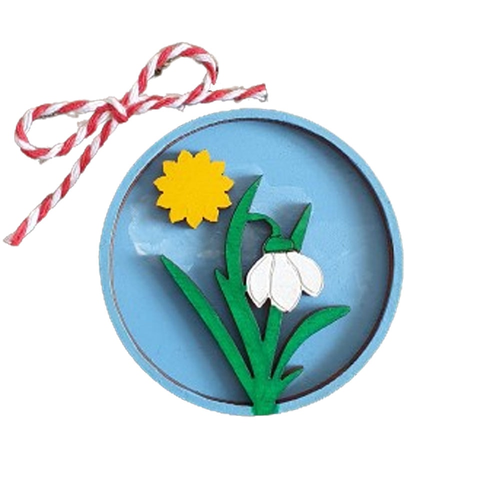 Martisor ghiocel 3D cu soare, Zenini, Pictat manual, Lemn, Albastru, 6 ...