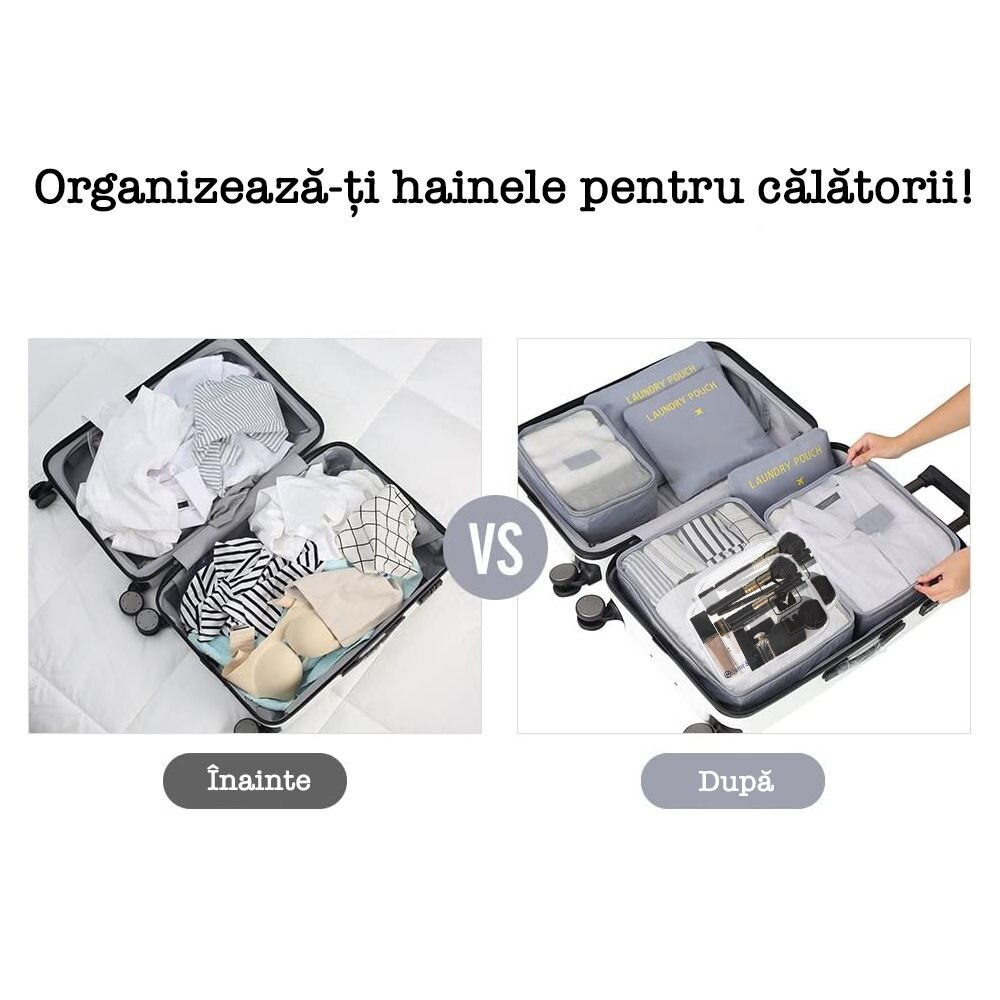 Set 6 huse organizare bagaj si 2 gentute cosmetice calatorie, Quasar ...