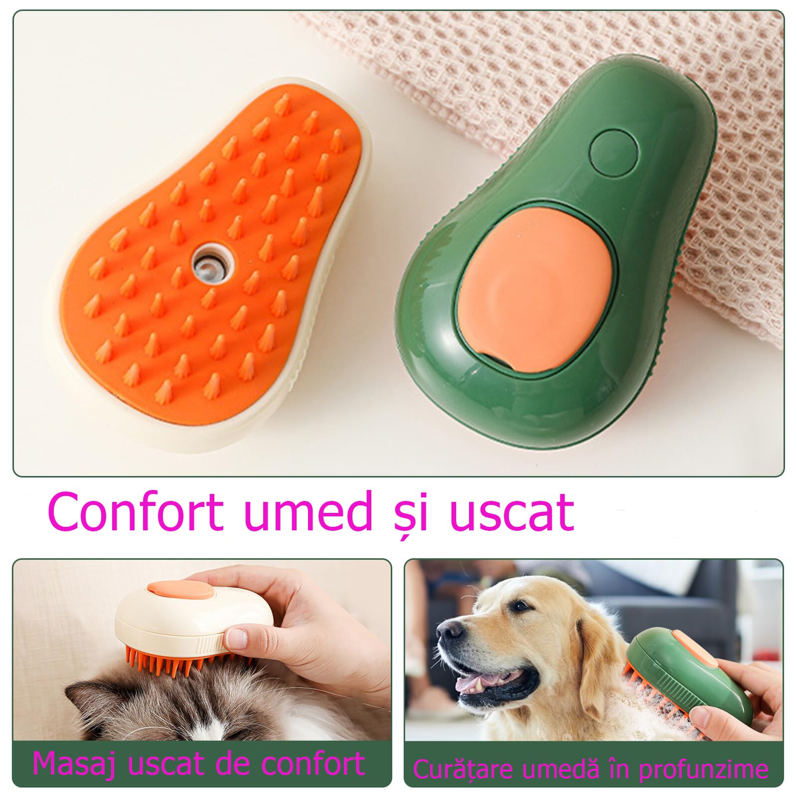 Perie cu abur pentru caini/pisici, Reincarcabila, Verde/Bej - eMAG.ro