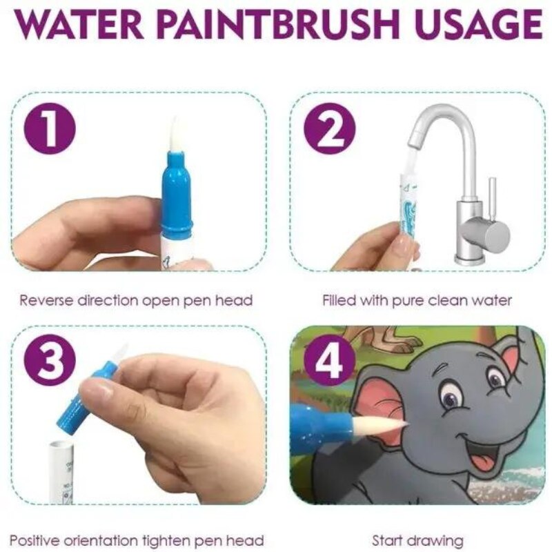 Carte de colorat cu apa, reutilizabila, creion magic, model cu animale ...