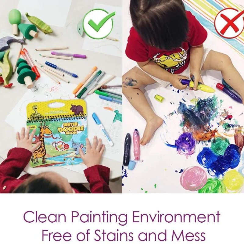 Carte de colorat cu apa, reutilizabila, creion magic, model cu animale ...