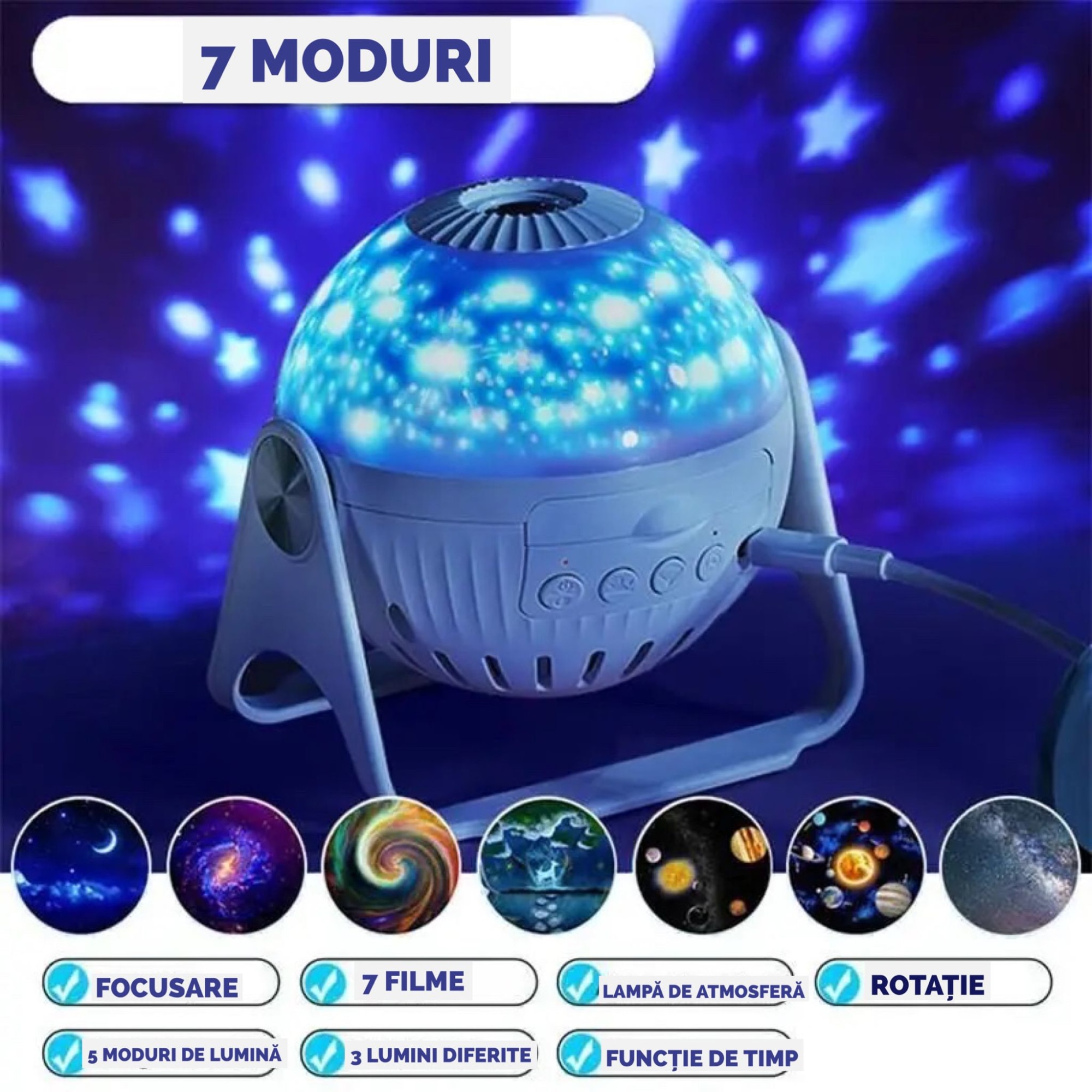 Proiector de noapte cu stele, rotativ, 7 moduri si alarma, pentru crearea unui mediu propice de ...