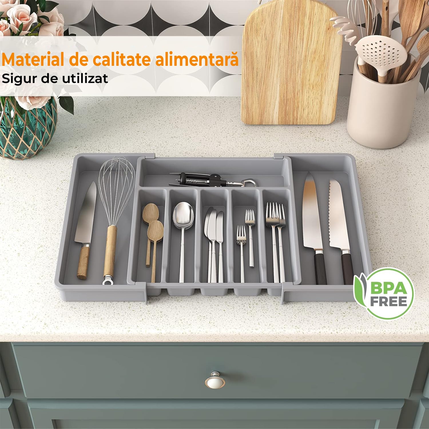 Organizator pentru tacamuri, sertar extensibil, suport ajustabil pentru ...