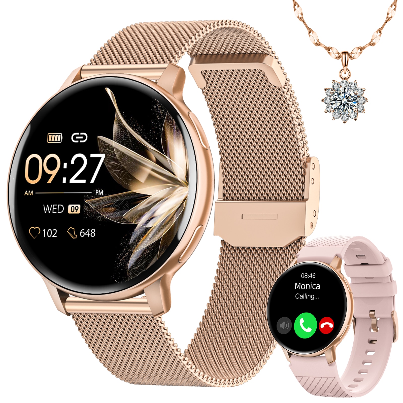 Ceas Smartwatch Dama, Bratara Fitness si Colier Rafinat 3-in-1 ®, doua ...