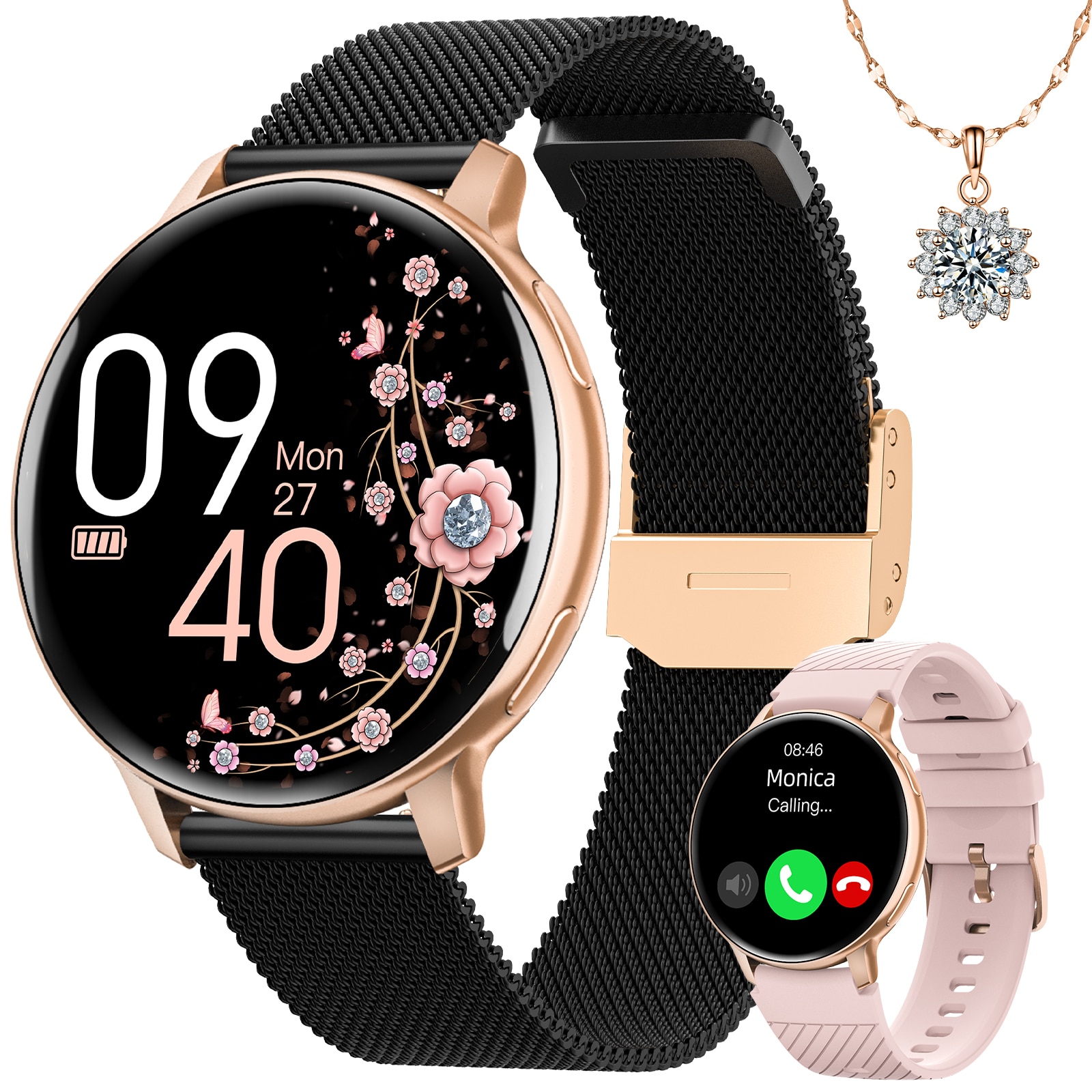 Ceas Smartwatch Dama, Bratara Fitness si Colier Rafinat 3-in-1 FOSMET ...