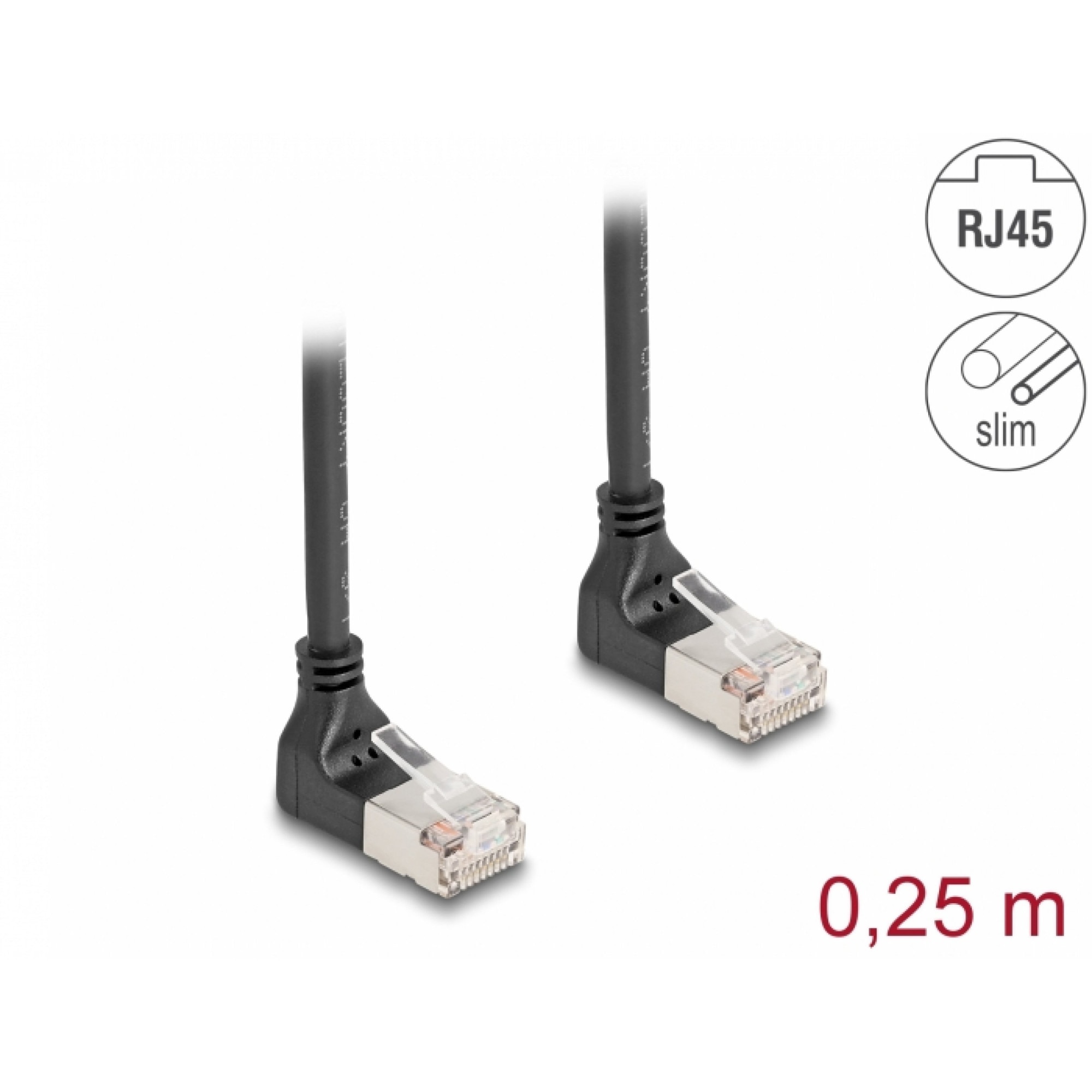 Cablu de retea RJ45 Cat.6A S/FTP Slim unghi 90 grade sus/sus 0.25m Negru, Delock 80279 - eMAG.ro