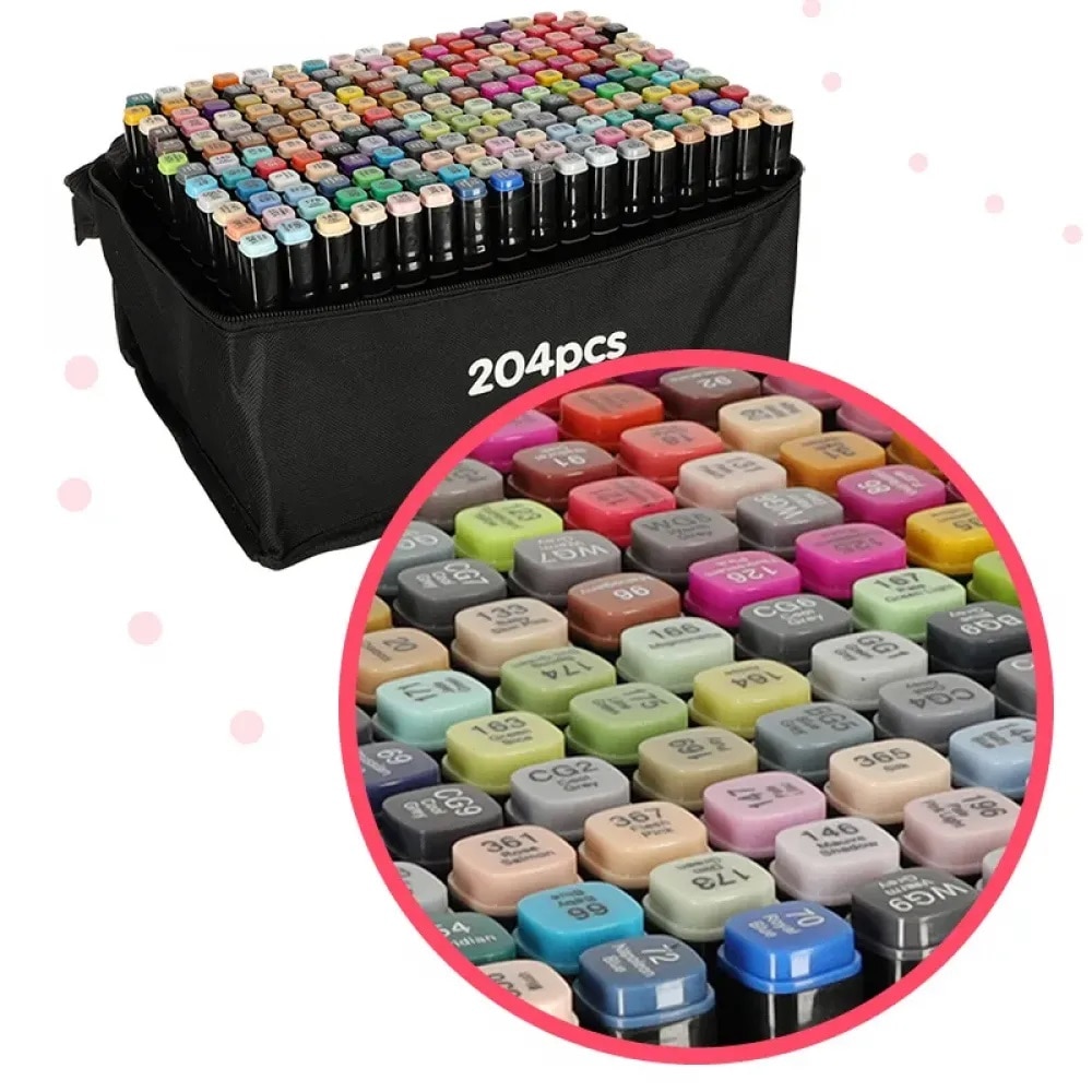 Комплект 204 двойни маркера WePro Store, професионални, тънък и дебел, мастило на алкохолна ...