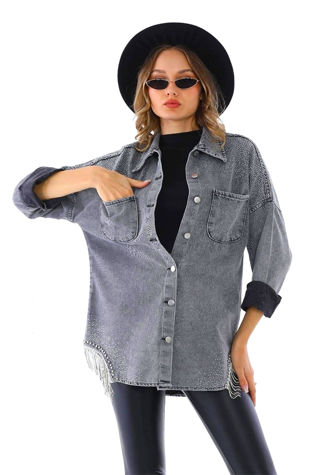 Geaca lunga de blugi Trency, croiala tip camasa, cu paiete si franjuri ...