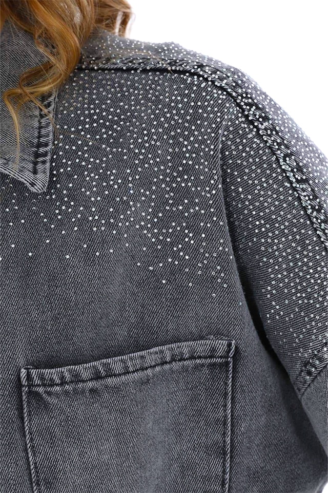 Geaca lunga de blugi Trency, croiala tip camasa, cu paiete si franjuri ...