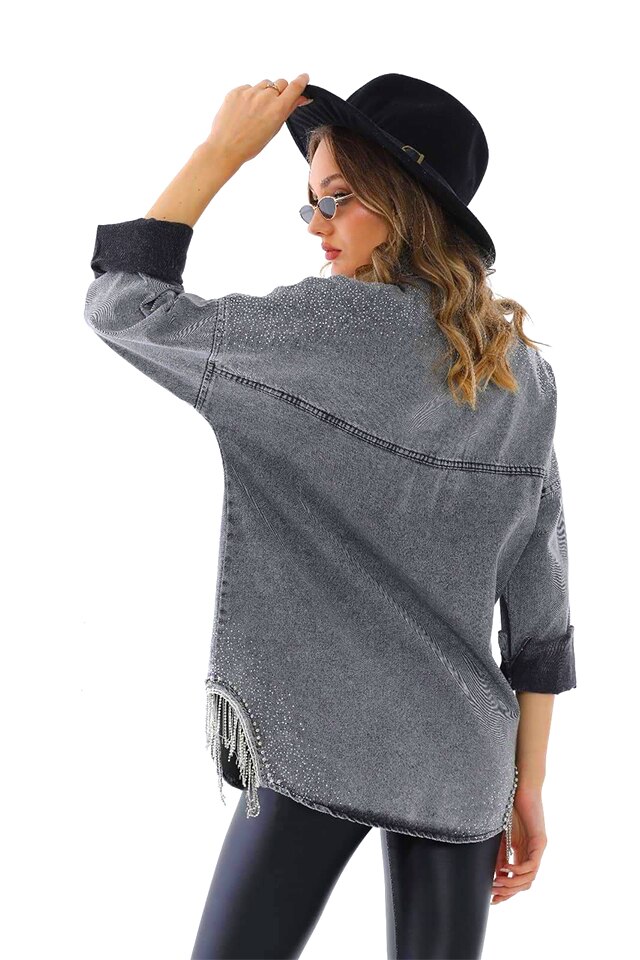 Geaca lunga de blugi Trency, croiala tip camasa, cu paiete si franjuri ...