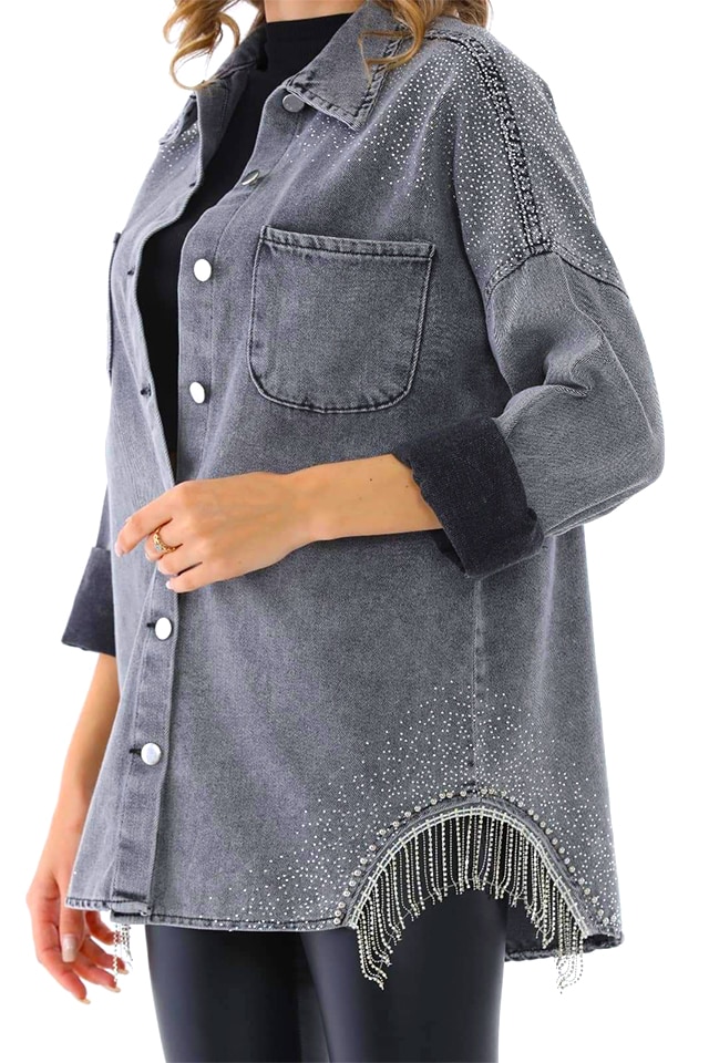 Geaca lunga de blugi Trency, croiala tip camasa, cu paiete si franjuri ...