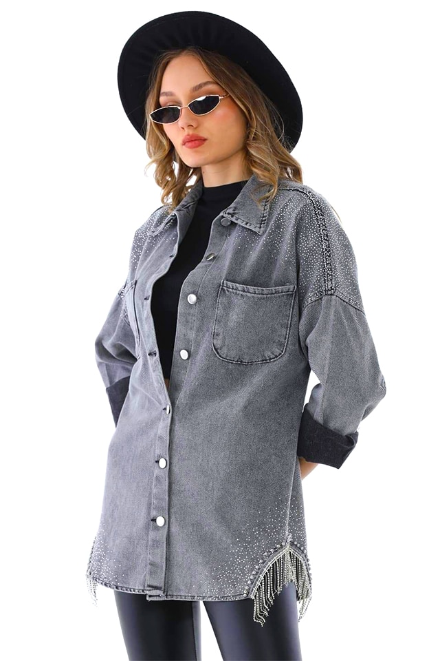 Geaca lunga de blugi Trency, croiala tip camasa, cu paiete si franjuri ...