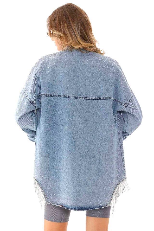 Geaca lunga de blugi Trency, croiala tip camasa, cu paiete si franjuri ...