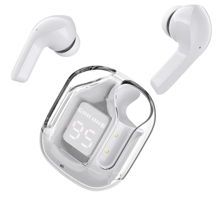 Casti Bluetooth, Afisaj LED, Transparent/Alb - eMAG.ro