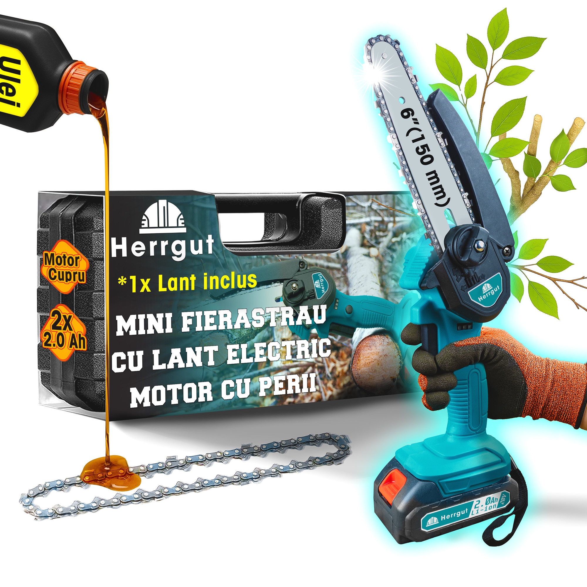 Mini fierastrau electric cu lant Herrgut, 6 inch, 2 x baterie 2000 mAh ...
