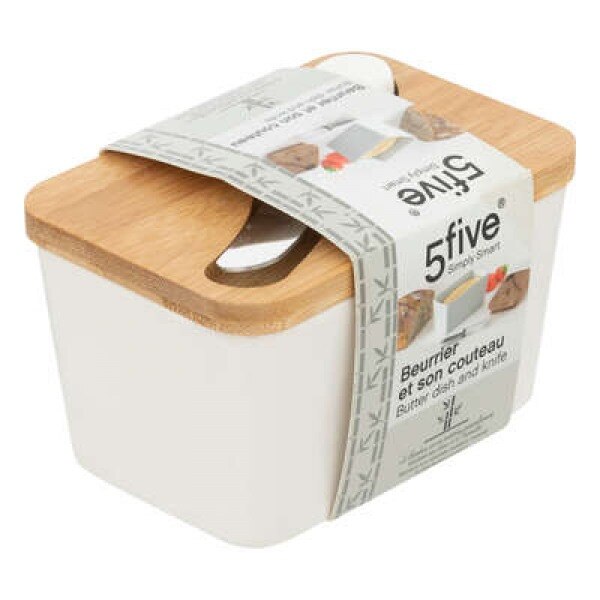 Bol pentru depozitare unt, ceramic, capac bambus, cutit, 13.5 x 9.3 x 9 ...