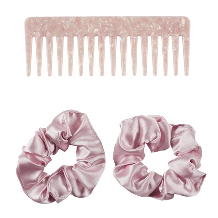 Set pieptan si 2 elastice de par, din satin, roz, Happymax - eMAG.ro