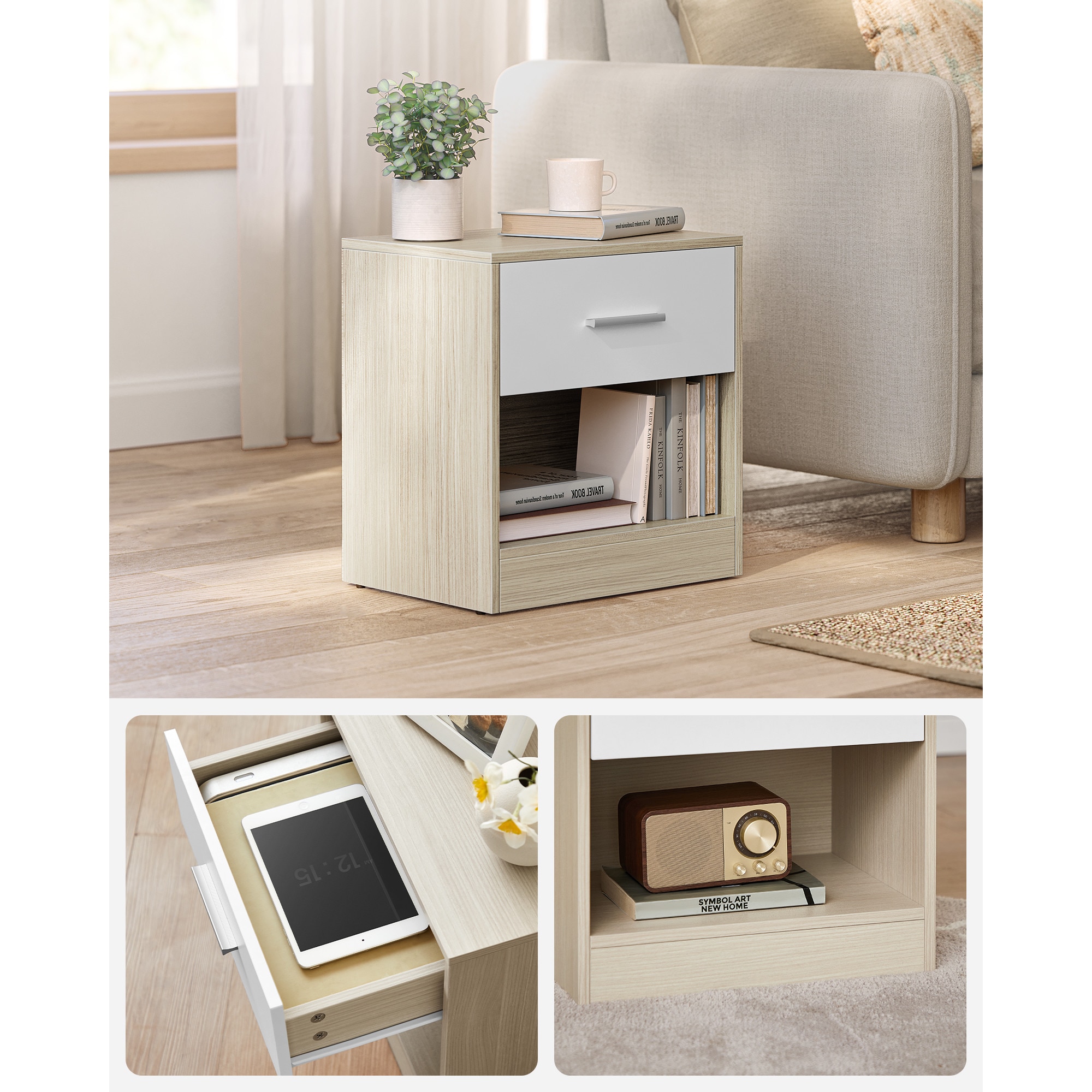 VASAGLE Set 2 noptiere 39x28x41 cm, cu sertar si compartiment deschis ...