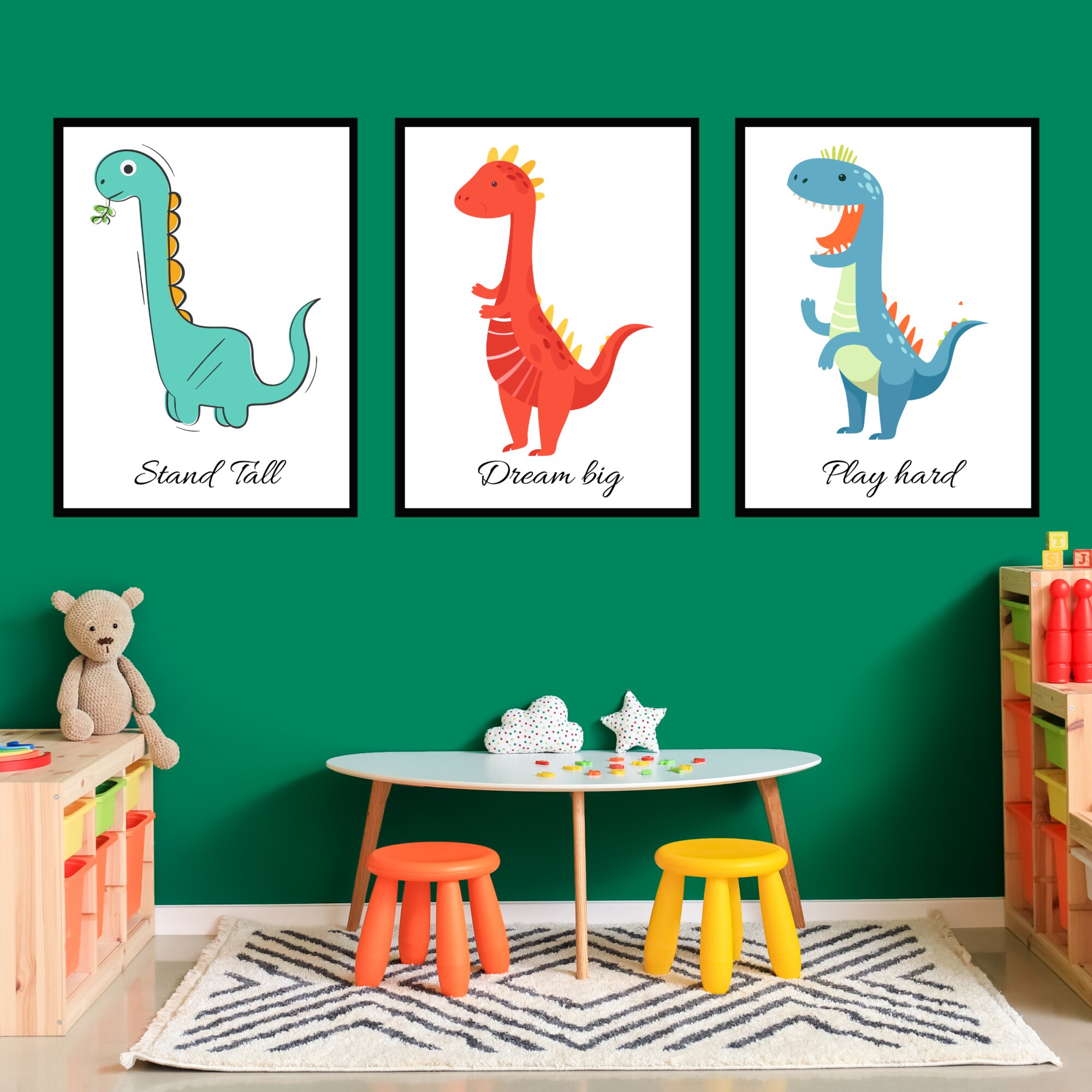 Set 3 tablouri camera copilului, Dinozauri, rama 32 X23cm, sticla ...