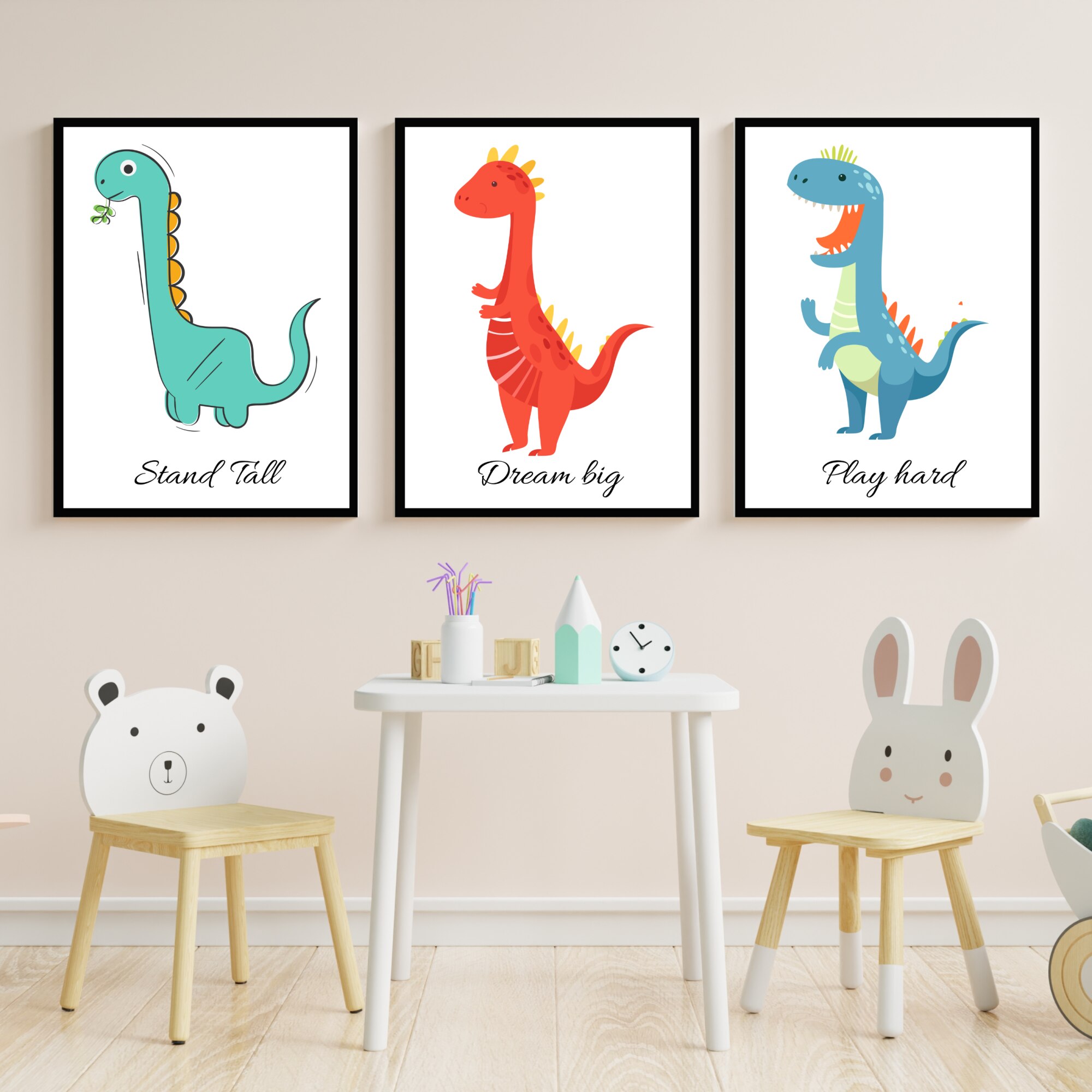 Set 3 tablouri camera copilului, Dinozauri, rama 32 X23cm, sticla ...