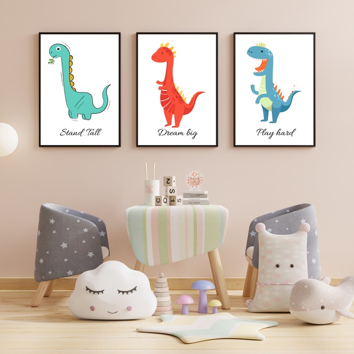 Set 3 tablouri camera copilului, Dinozauri, rama 32 X23cm, sticla ...