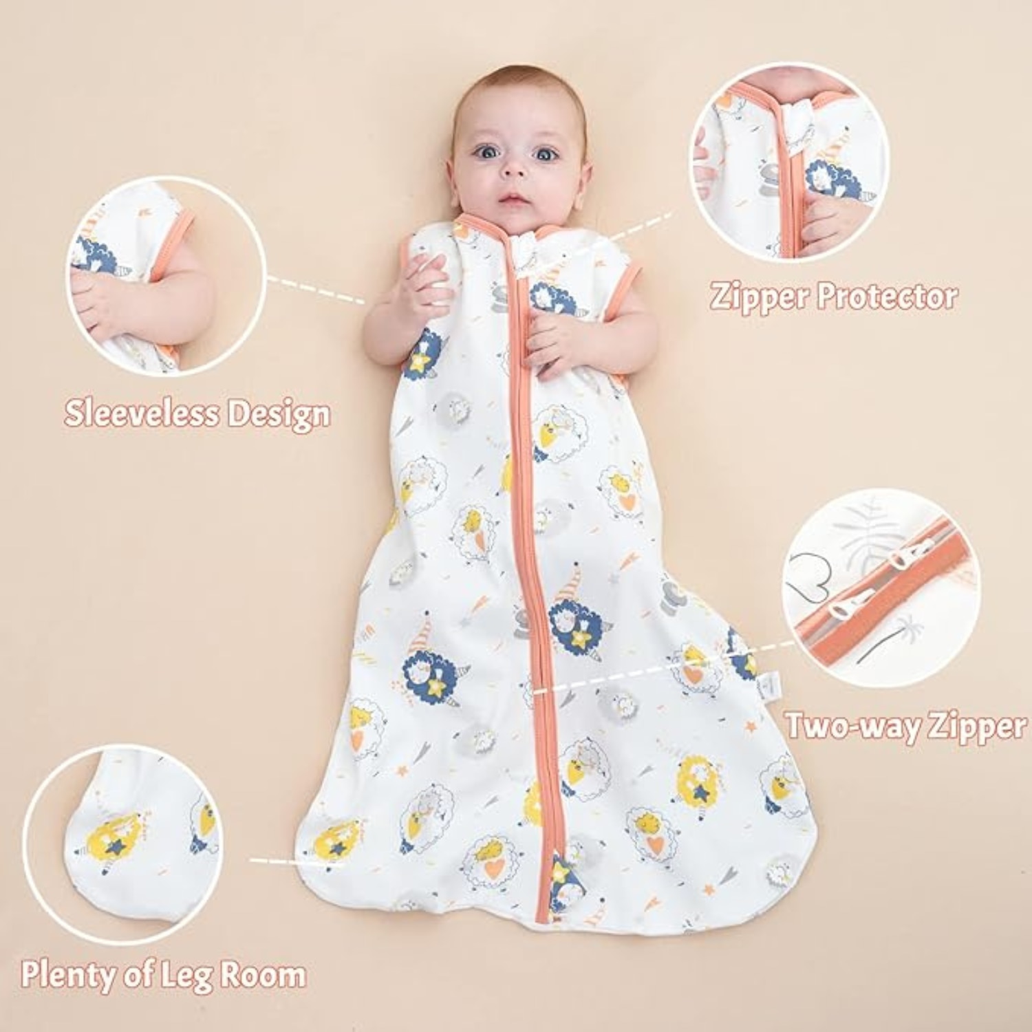 Sac de dormit pentru bebelusi, din bumbac 100%, fara maneci, cu fermoar ...