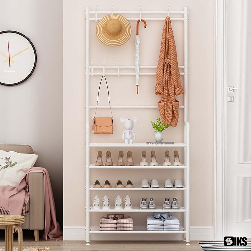 Cuier SIKS Cu 5 Rafturi Pentru Incaltaminte, 8 Carlige, Metalic, Alb ...