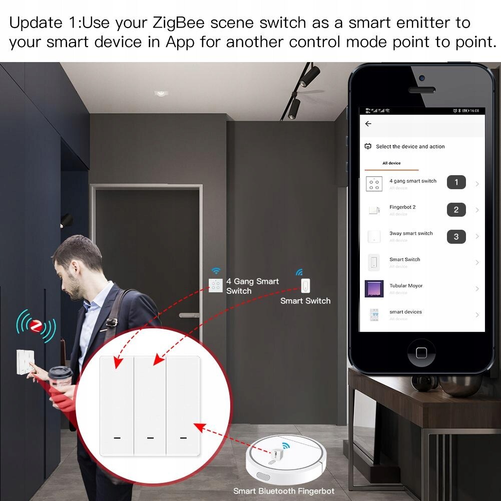 Smart Scene Switch, Arhatreya® ZT-B-EU2, ZigBee, Multi-Control, Механичен бутон, Захранван от ...