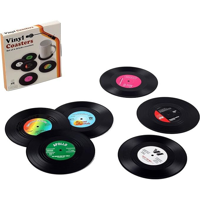 Set 6 suporturi pahare, diametru 10.5 cm, discuri vinil, Retro, Libara ...