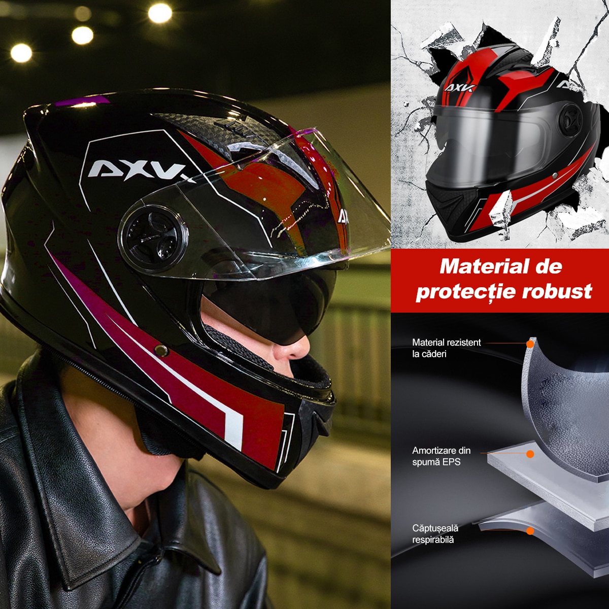 Мотоциклетна каска с вградени очила, Xinxu, Унисекс, UV защита, HD ...