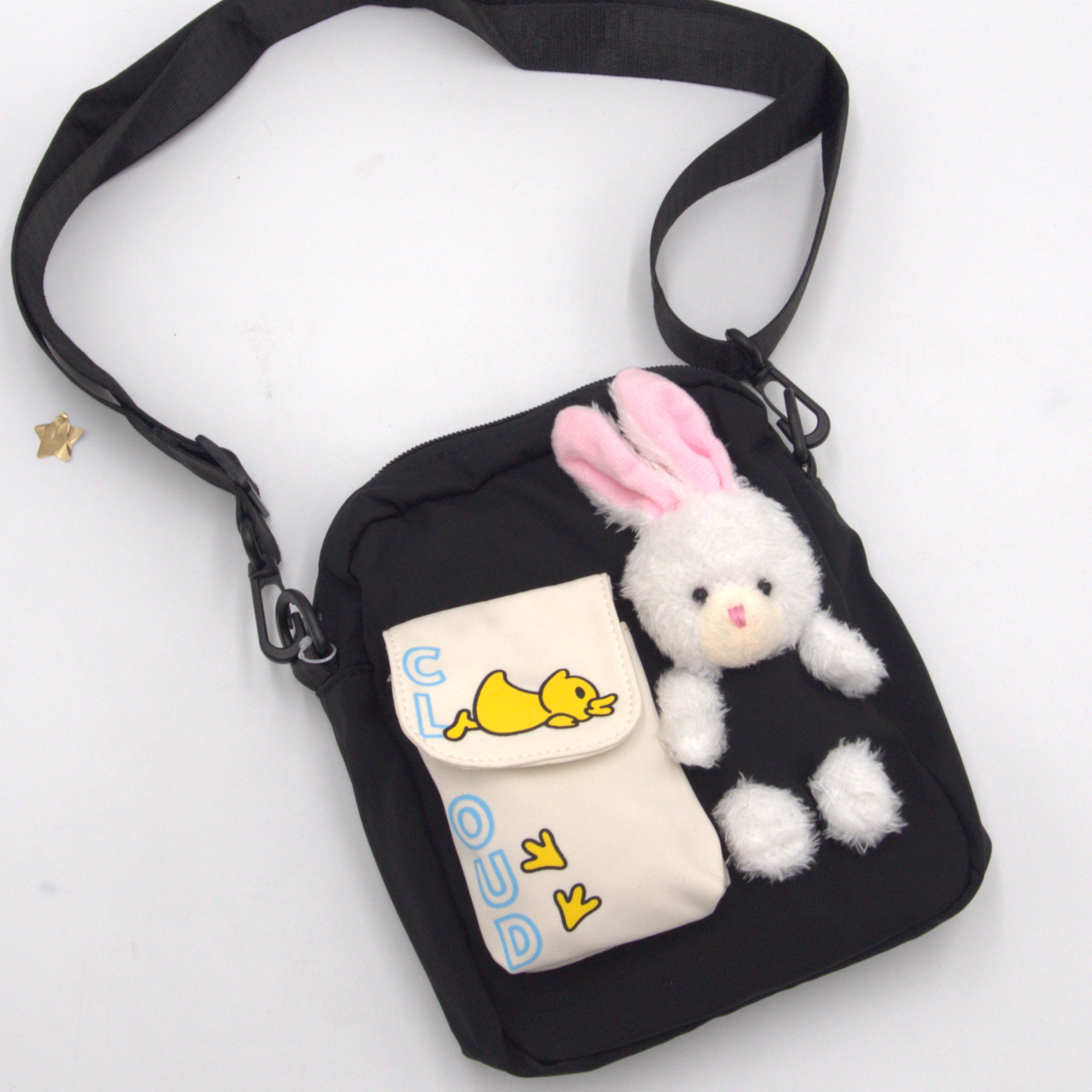 Geanta de umar pentru copii si tineret, cu mascota iepure, neagra ...