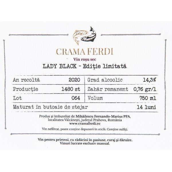 Vin Rosu Crama Ferdi Lady Black Editie Limitata 2020, sec, 0.75l - eMAG.ro