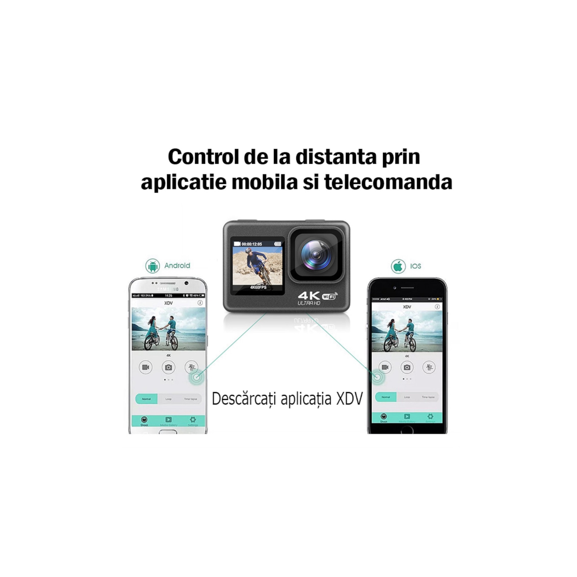 Екшън камера с двоен екран, 6-AXIS EIS Anti-Shake, записва до 4K 60FPS ...