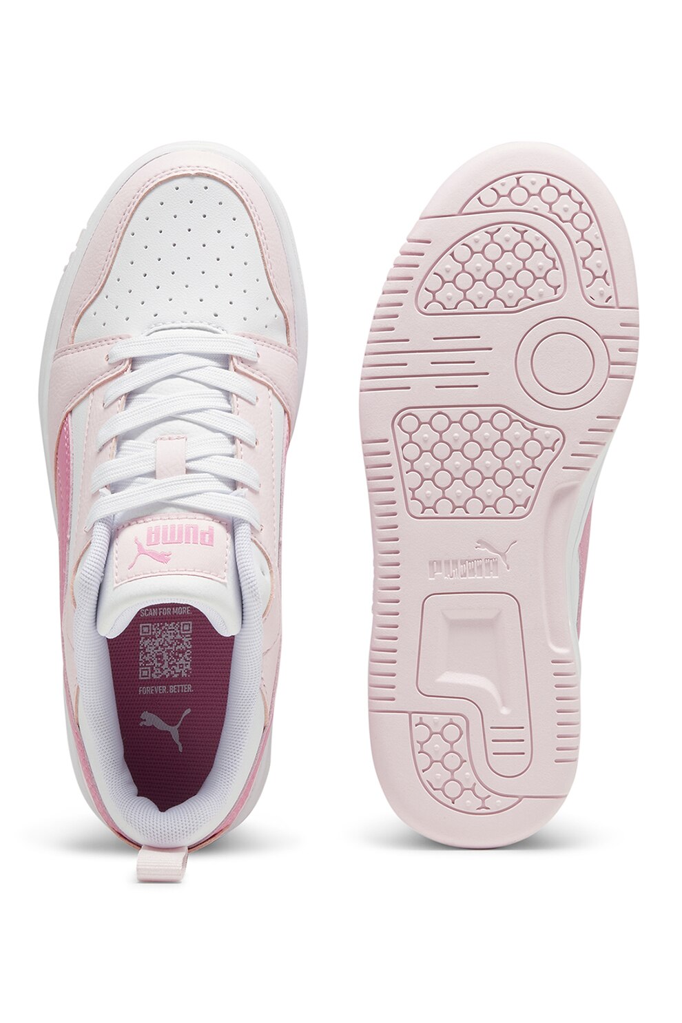 Puma, Pantofi sport din piele ecologica Rebound V6, Alb, Roz, 36 EU ...