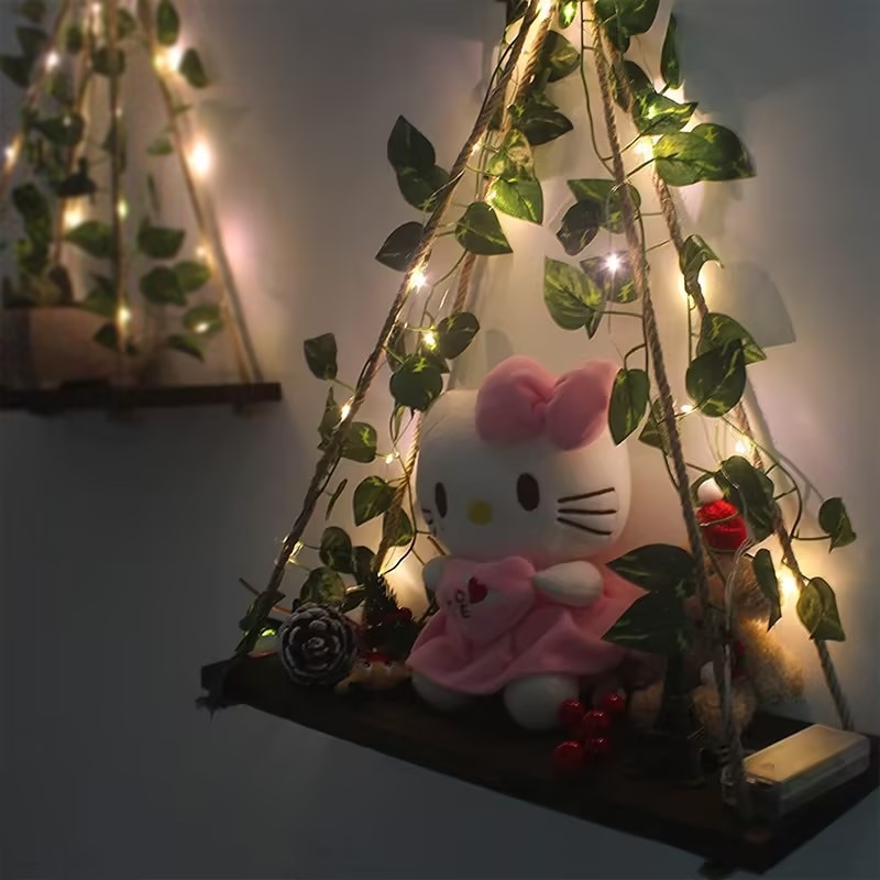 Set 2 rafturi decorative cu banda LED, Lemn, Libara, Verde/Maro - eMAG.ro