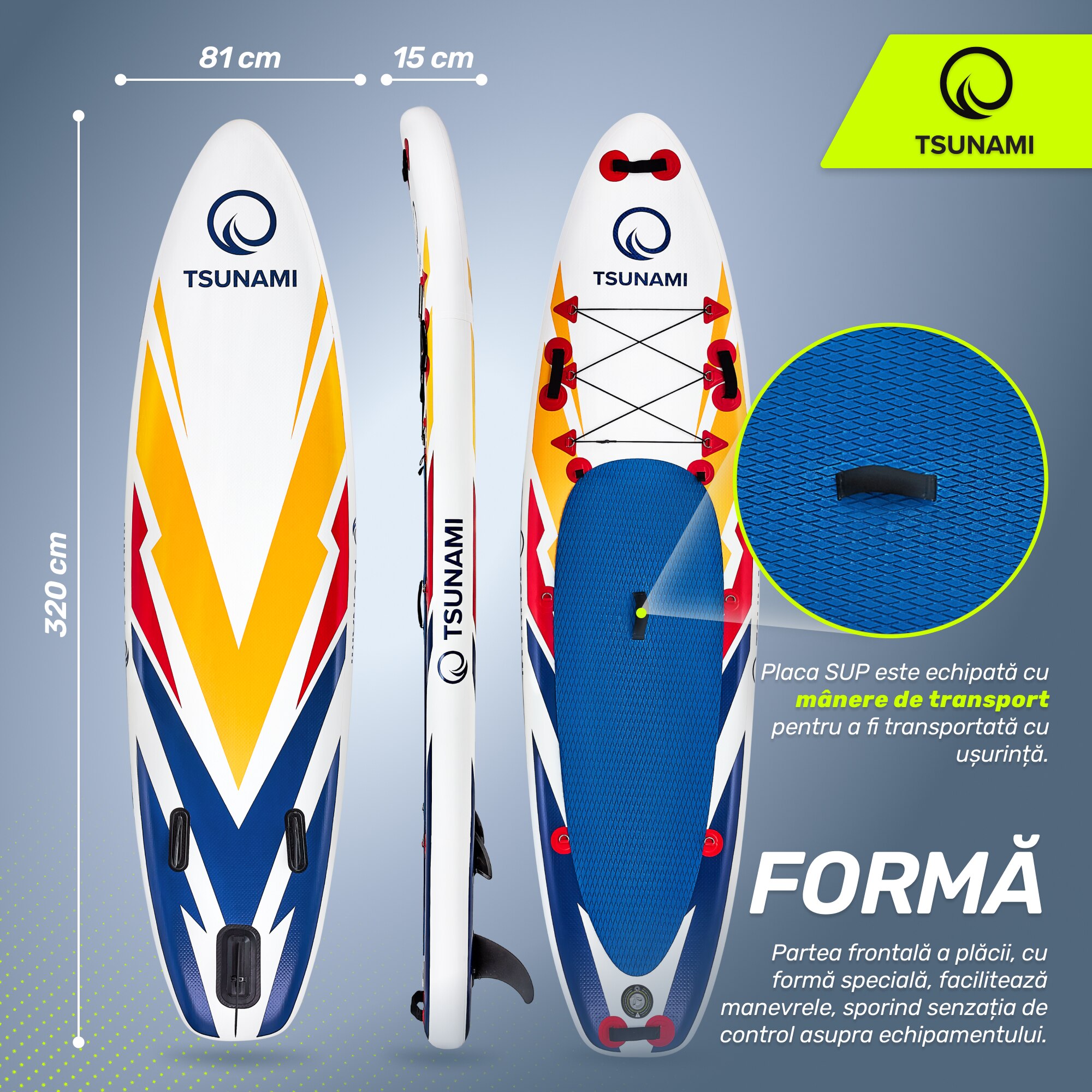 Stand Up PaddleBoard TSUNAMI T06, SUP, vasla atasata pentru inot, 320 ...