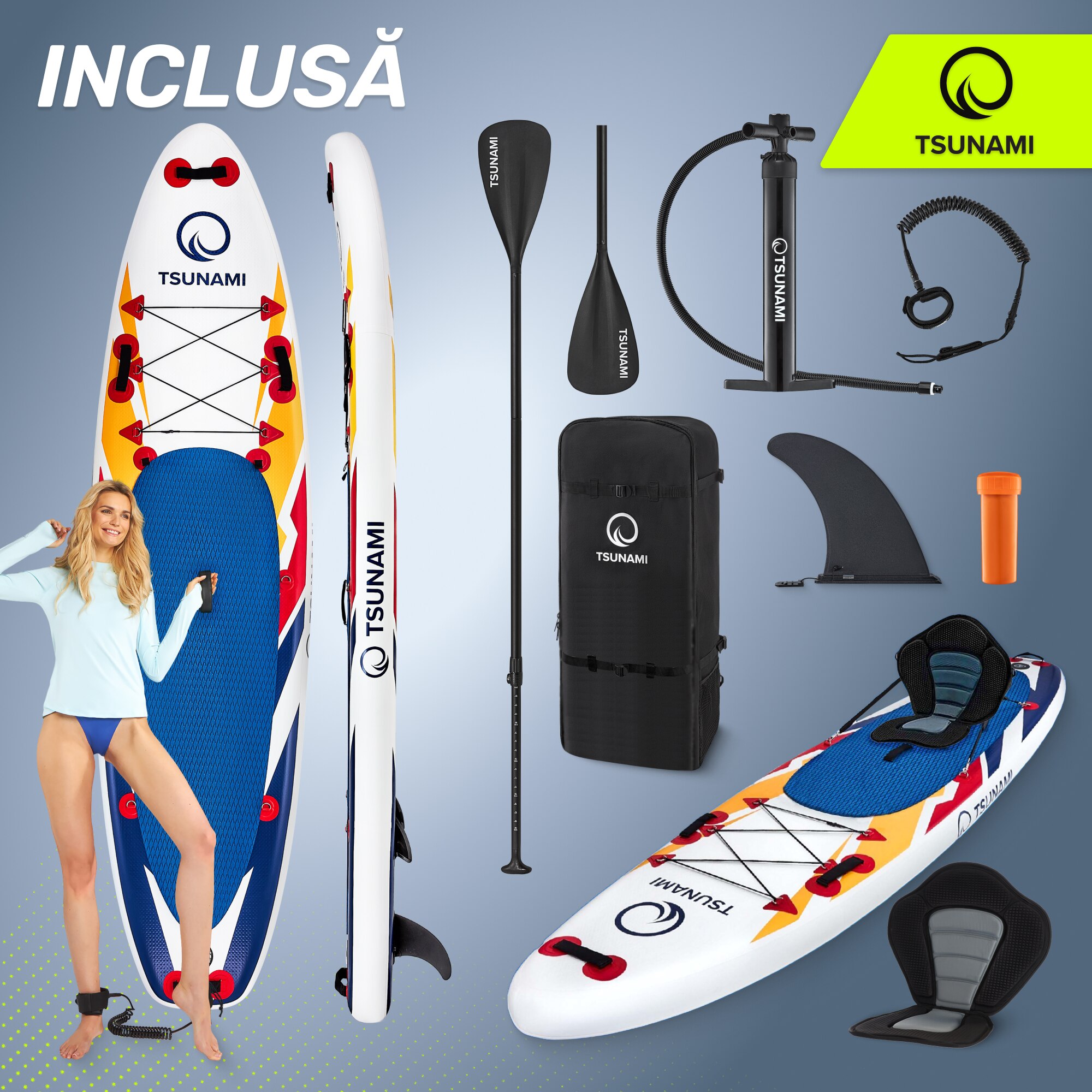 Stand Up PaddleBoard TSUNAMI T06, SUP, vasla atasata pentru inot, 320 ...