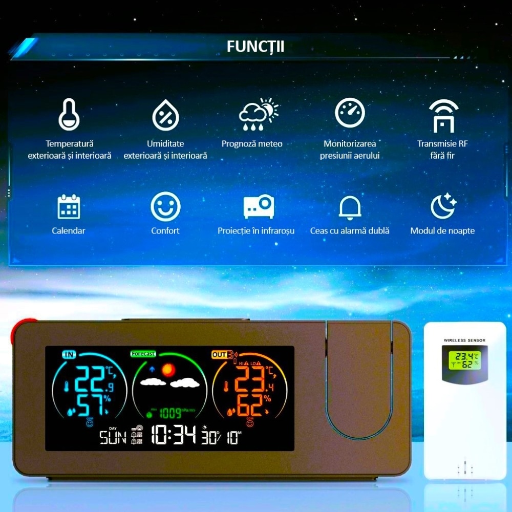 Ceas meteo cu proiectie 72DESI, ecran color LCD, proiecteaza ora si ...