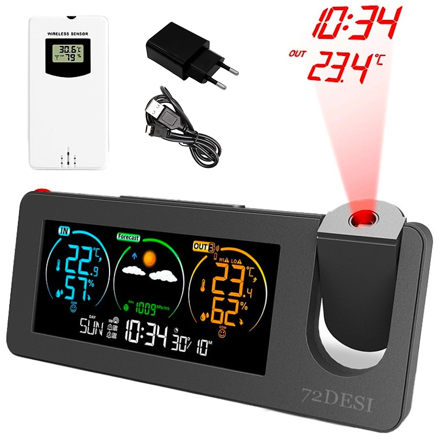 Ceas meteo cu proiectie 72DESI, ecran color LCD, proiecteaza ora si ...