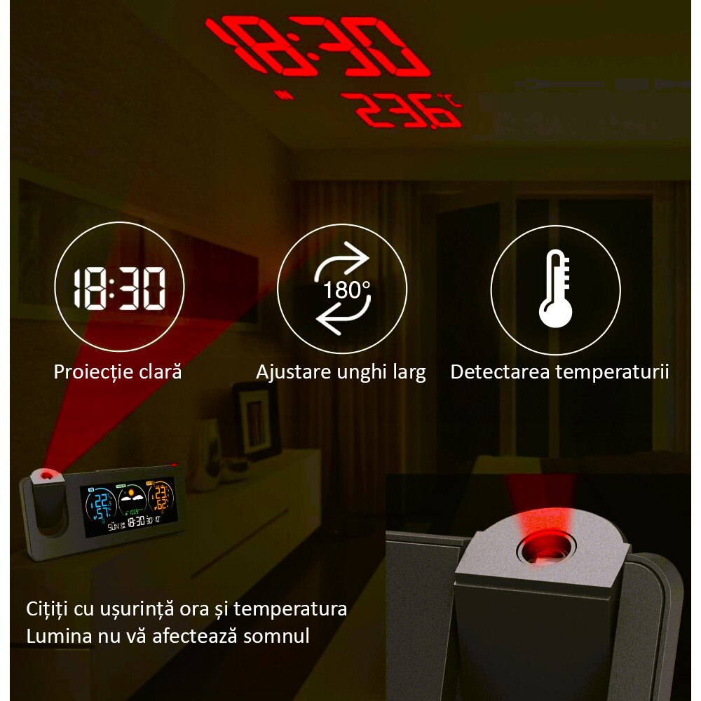 Ceas meteo cu proiectie 72DESI, ecran color LCD, proiecteaza ora si ...