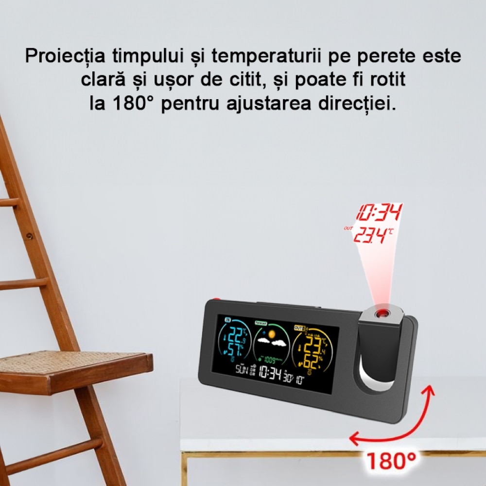 Ceas meteo cu proiectie 72DESI, ecran color LCD, proiecteaza ora si ...