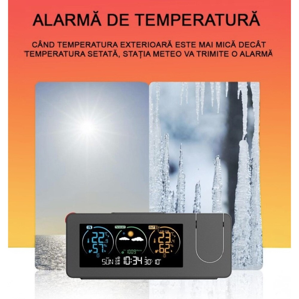 Ceas meteo cu proiectie 72DESI, ecran color LCD, proiecteaza ora si ...