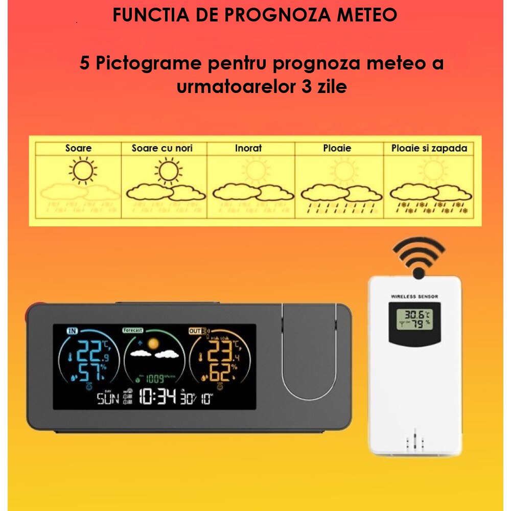 Ceas meteo cu proiectie 72DESI, ecran color LCD, proiecteaza ora si ...