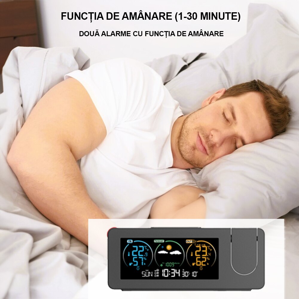 Ceas meteo cu proiectie 72DESI, ecran color LCD, proiecteaza ora si ...