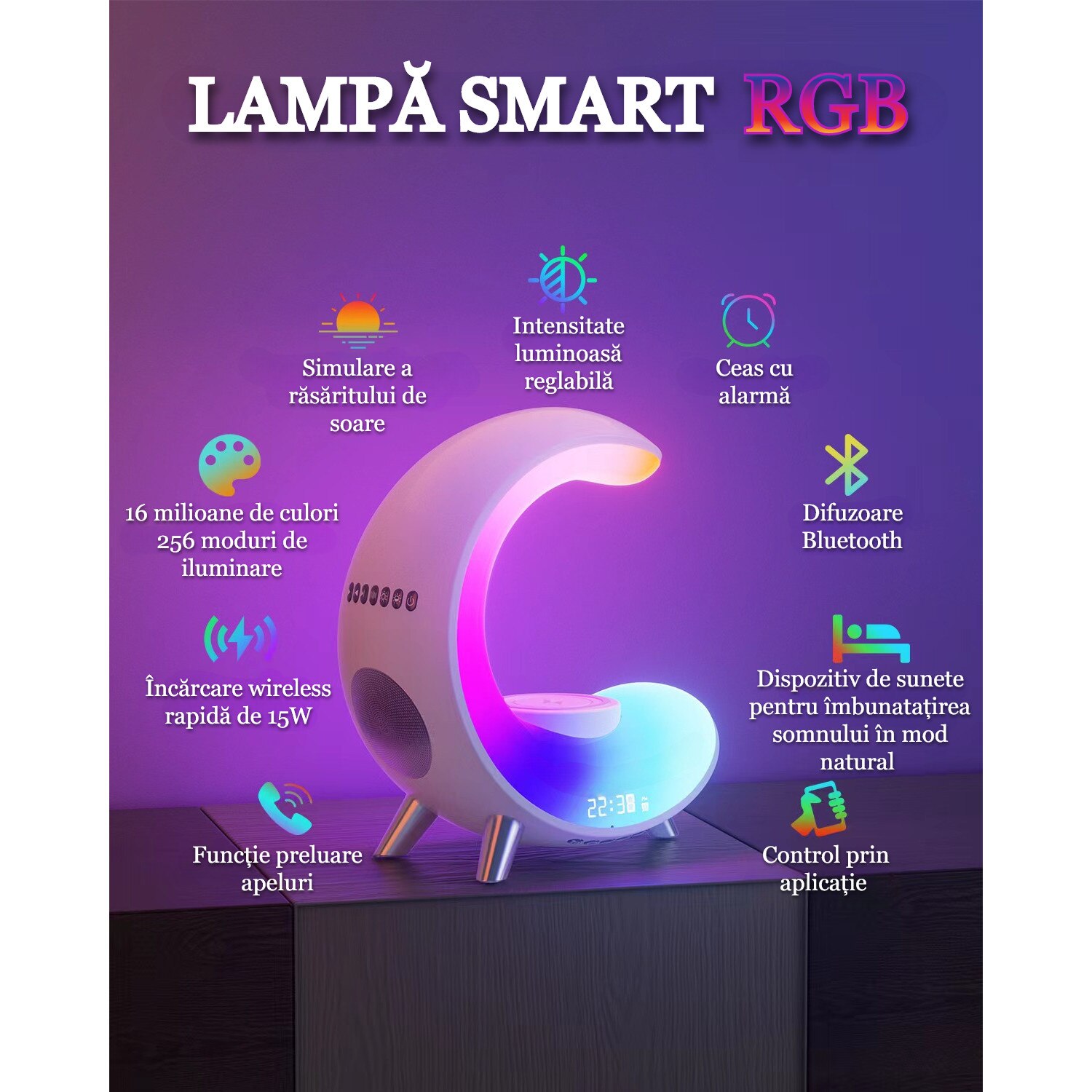 Lampa Smart LED RGB Multifunctionala si Incarcator Wireless 15W VENTLEX ...